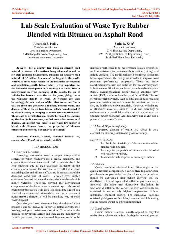 (PDF) Lab Scale Evaluation of Waste Tyre Rubber Blended with Bitumen on ...