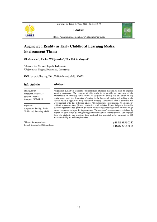(PDF) Augmented Reality as Early Childhood Learning Media: Environment Theme