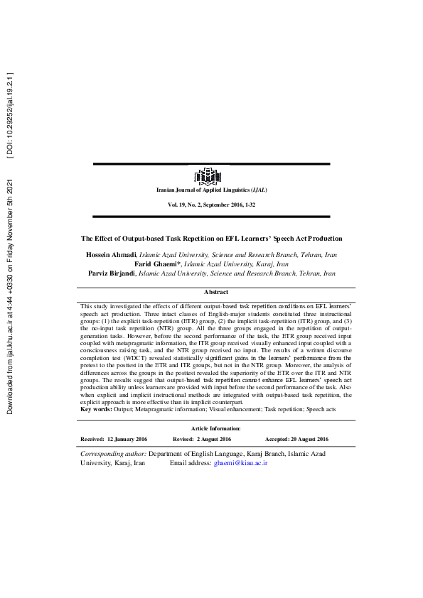 (PDF) The Effect of Output-based Task Repetition on EFL Learners’ Speech Act Production