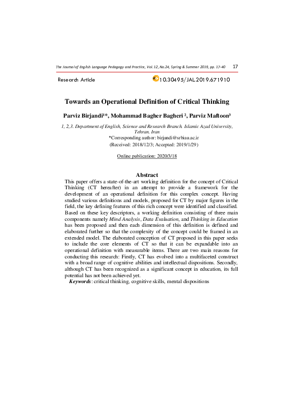 (PDF) Towards an Operational Definition of Critical Thinking