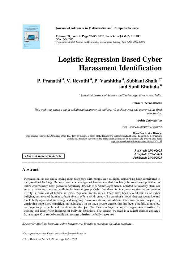 Pdf Logistic Regression Based Cyber Harassment Identification