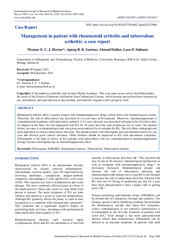 (PDF) Management in patient with rheumatoid arthritis and tuberculous ...