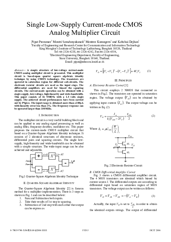 (PDF) Single Low-Supply Current-mode CMOS Analog Multiplier Circuit