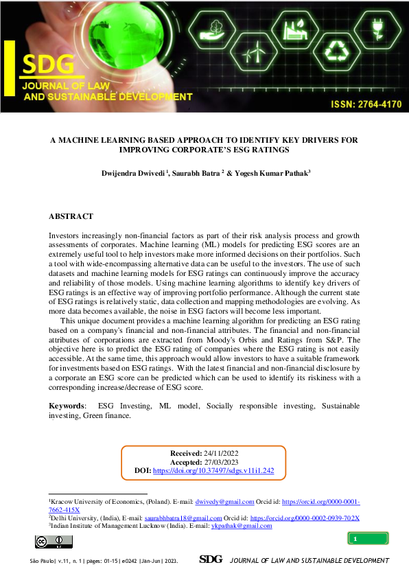 (PDF) A machine learning based approach to identify key drivers for improving corporate’s esg ...