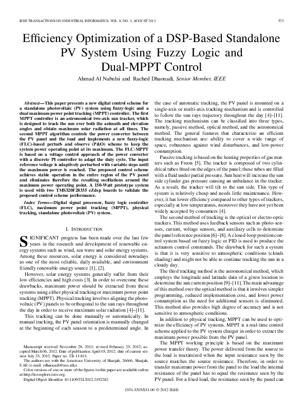 Pdf Efficiency Optimization Of A Dsp Based Standalone Pv System Using Fuzzy Logic And Dual 