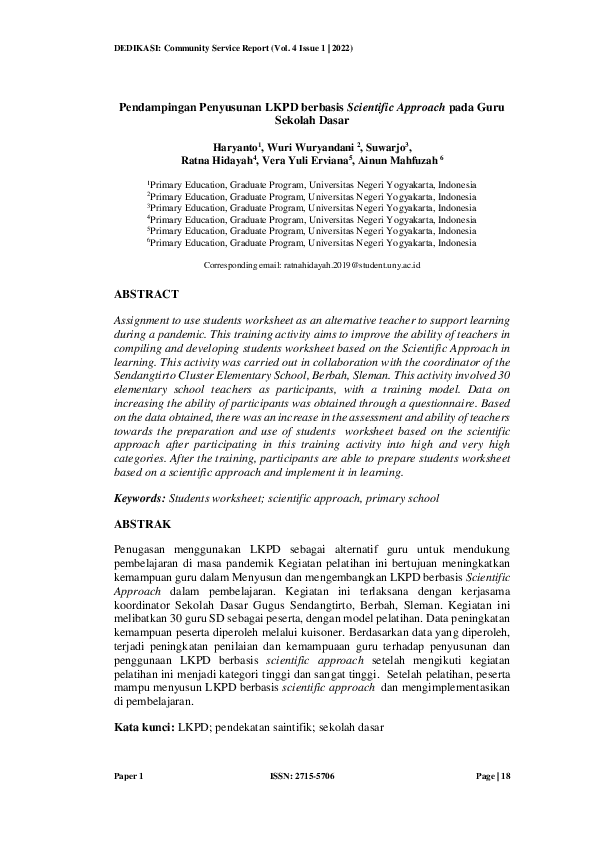 (PDF) Pendampingan Penyusunan LKPD berbasis Scientific Approach pada Guru Sekolah Dasar