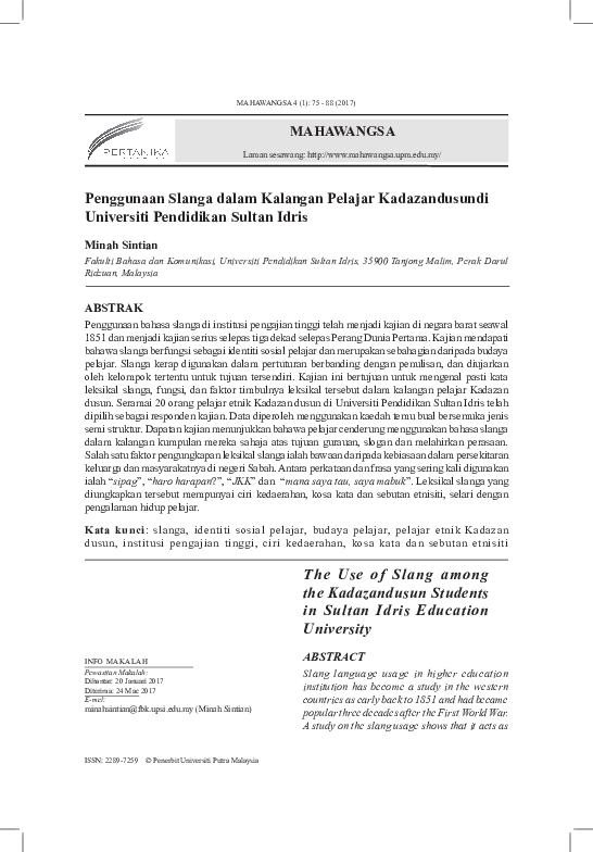 (PDF) Penggunaan Slanga dalam Kalangan Pelajar Kadazandusundi ...