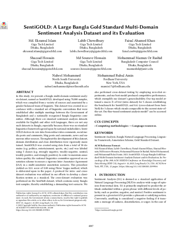 (PDF) SentiGOLD: A Large Bangla Gold Standard Multi-Domain Sentiment Analysis Dataset and Its ...