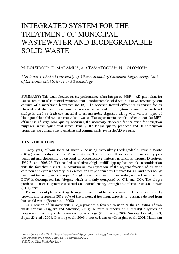 (PDF) INTEGRATED SYSTEM FOR THE TREATMENT OF MUNICIPAL WASTEWATER AND ...