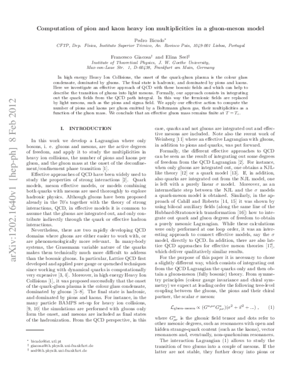 (PDF) Computation of pion and kaon heavy ion multiplicities in a gluon-meson model