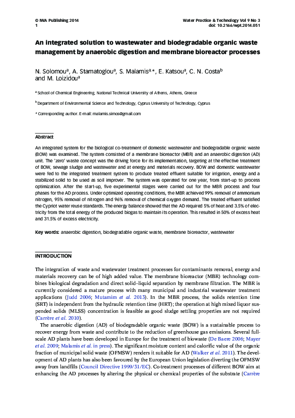 (PDF) An integrated solution to wastewater and biodegradable organic ...