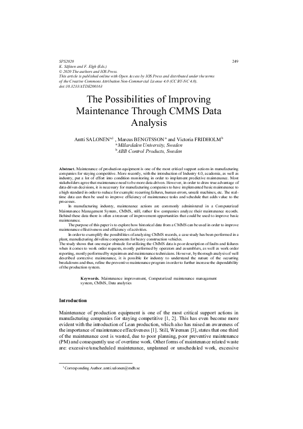 (PDF) The Possibilities of Improving Maintenance Through CMMS Data Analysis