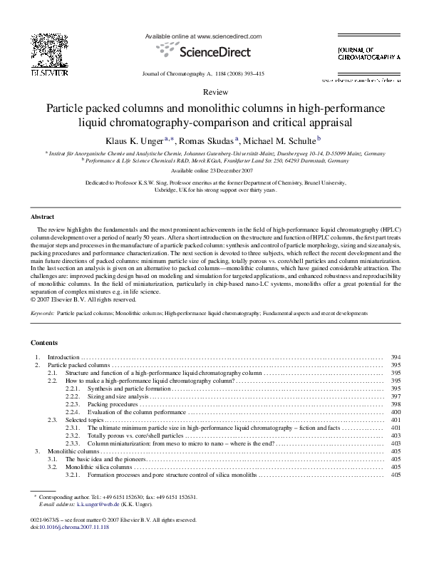 (PDF) Particle packed columns and monolithic columns in high-performance liquid chromatography ...