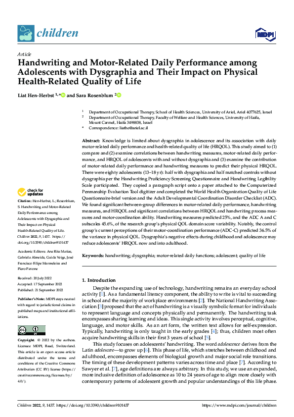 (PDF) Handwriting and Motor-Related Daily Performance among Adolescents with Dysgraphia and ...