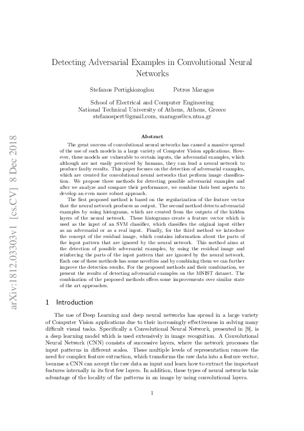 (PDF) Detecting Adversarial Examples in Convolutional Neural Networks (PDF) Detecting Adversarial Examples in Convolutional Neural Networks