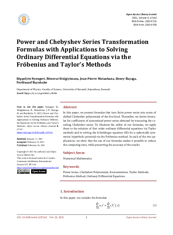 (PDF) Power and Chebyshev Series Transformation Formulas with ...