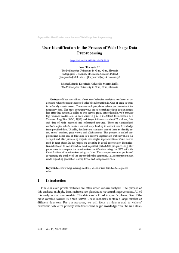 Pdf User Identification In The Process Of Web Usage Data