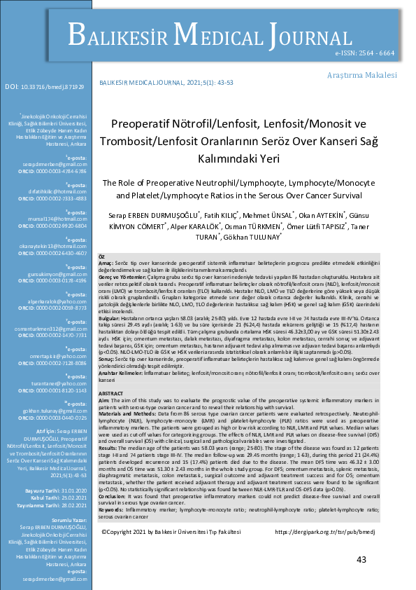 (PDF) Preoperatif Nötrofil/Lenfosit, Lenfosit/Monosit ve Trombosit ...