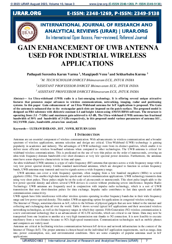 (PDF) GAIN ENHANCEMENT OF UWB ANTENNA USED FOR INDUSTRIAL WIRELESS APPLICATIONS