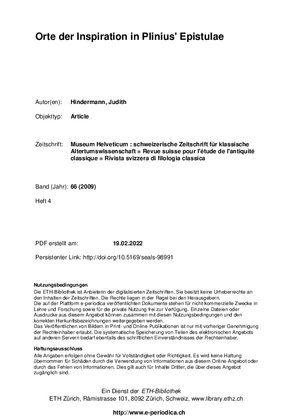 (PDF) Orte der Inspiration in Plinius' Epistulae | Judith Hindermann ...