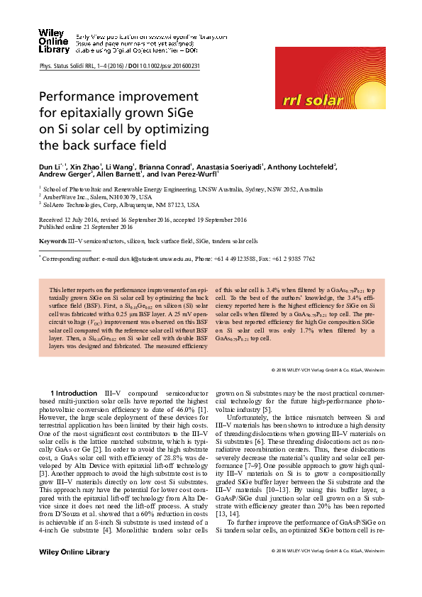 (PDF) Performance improvement for epitaxially grown SiGe on Si solar ...