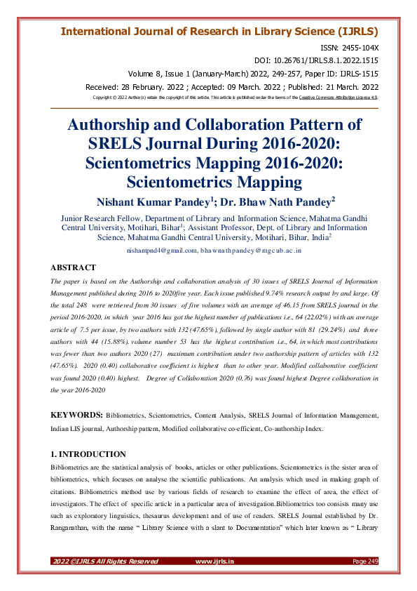 (PDF) Authorship and Collaboration Pattern of SRELS Journal During 2016-2020: Scientometrics ...