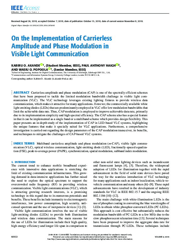 Pdf On The Implementation Of Carrierless Amplitude And Phase Modulation In Visible Light
