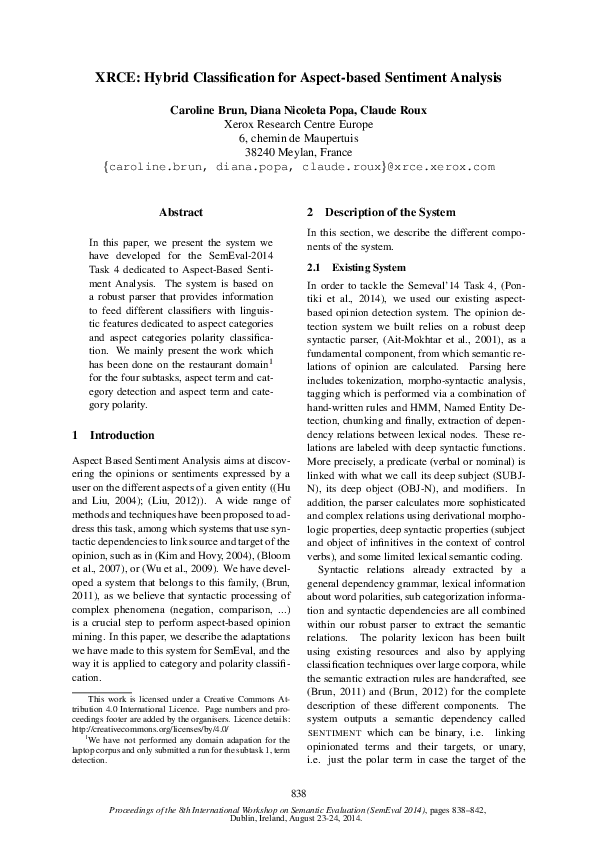 (PDF) XRCE: Hybrid Classification for Aspect-based Sentiment Analysis (PDF) XRCE: Hybrid Classification for Aspect-based Sentiment Analysis