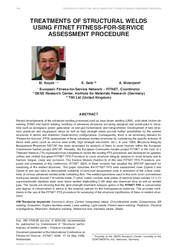 (PDF) Treatments of Structural Welds using FITNET Fitness-for-Service ...