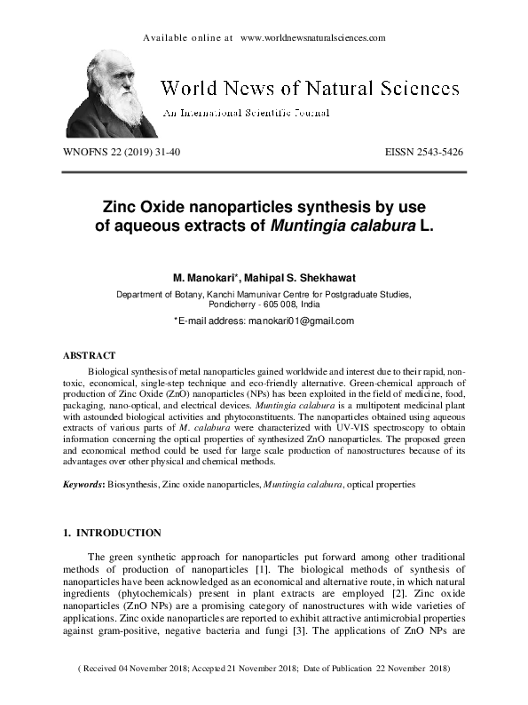 (PDF) Zinc Oxide nanoparticles synthesis by use of aqueous extracts of ...