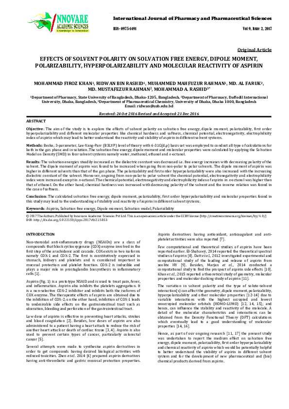(PDF) EFFECTS OF SOLVENT POLARITY ON SOLVATION FREE ENERGY, DIPOLE MOMENT, POLARIZABILITY ...