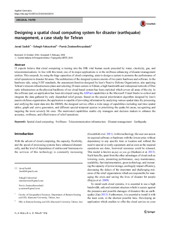 (PDF) Designing a spatial cloud computing system for disaster (earthquake) management, a case ...