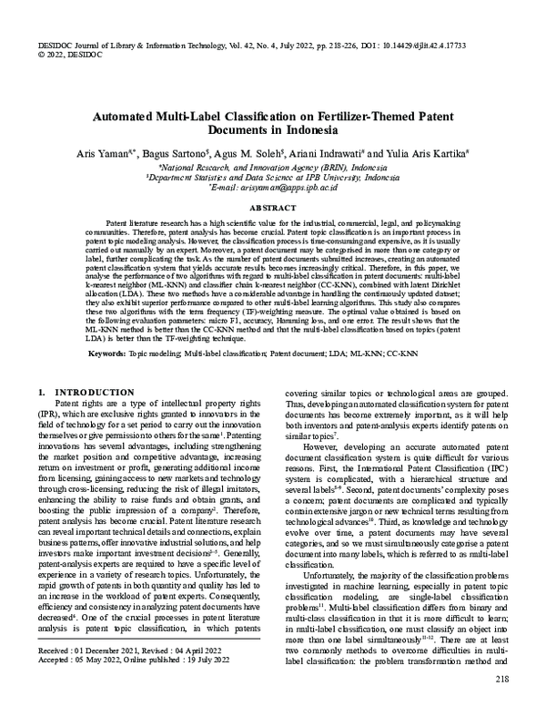 (PDF) Automated Multi Label Classification on Fertilizer Themed Patent Documents in Indonesia