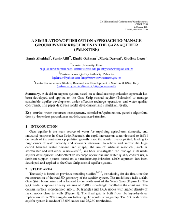 (PDF) A Simulation/Optimization approach to manage groundwater resources in the Gaza aquifer ...