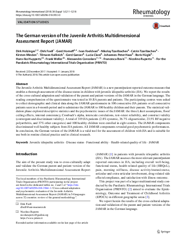 (PDF) The German version of the Juvenile Arthritis Multidimensional ...