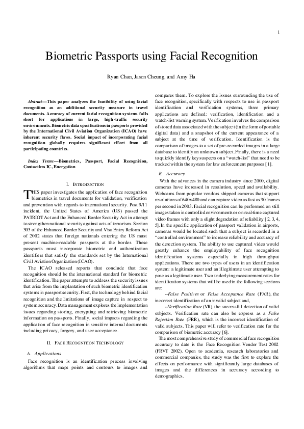 (PDF) Biometric Passports using Facial Recognition