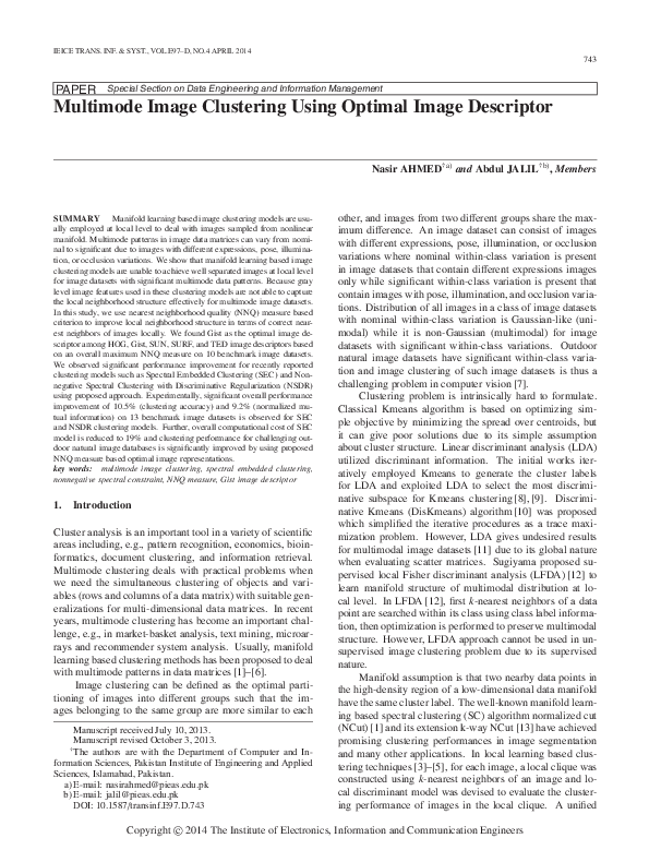 Pdf Multimode Image Clustering Using Optimal Image Descriptor Abdul