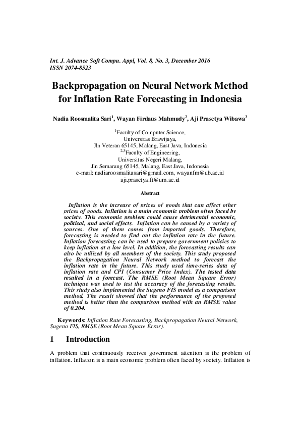 Pdf Backpropagation On Neural Network Method For Inflation Rate