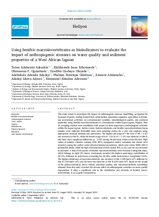 (PDF) Using benthic macroinvertebrates as bioindicators to evaluate the ...
