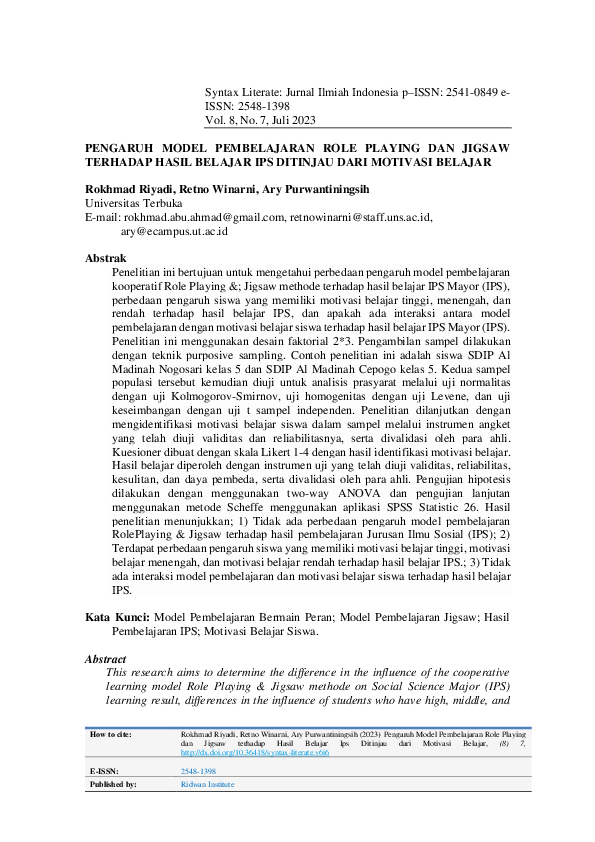 (PDF) Pengaruh Model Pembelajaran Role Playing dan Jigsaw terhadap Hasil Belajar Ips Ditinjau ...
