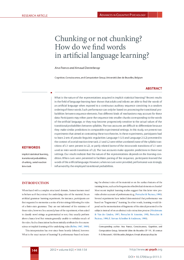 (PDF) Chunking or not chunking? How do we find words in artificial language learning?