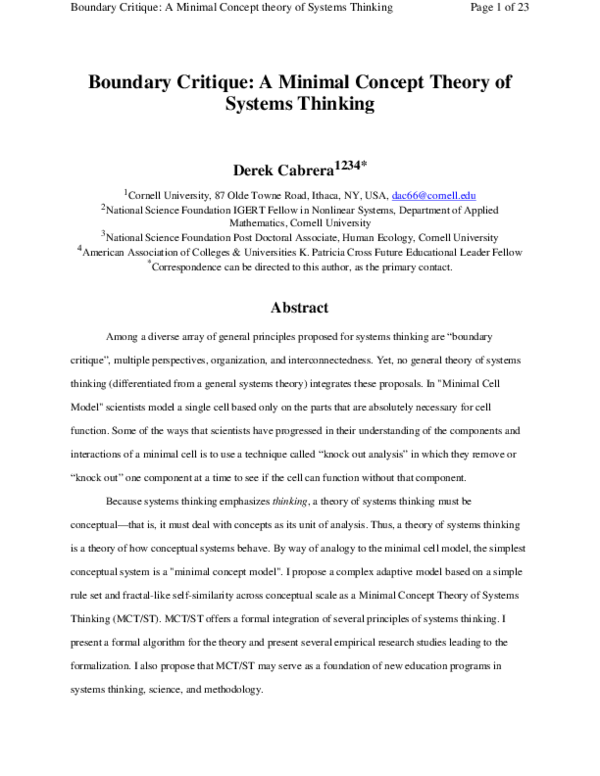 (PDF) Boundary Critique: A Minimal Concept Theory of Systems Thinking