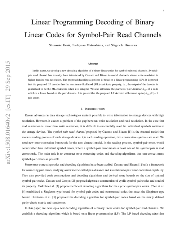 (PDF) Linear Programming Decoding of Binary Linear Codes for Symbol-Pair Read Channel