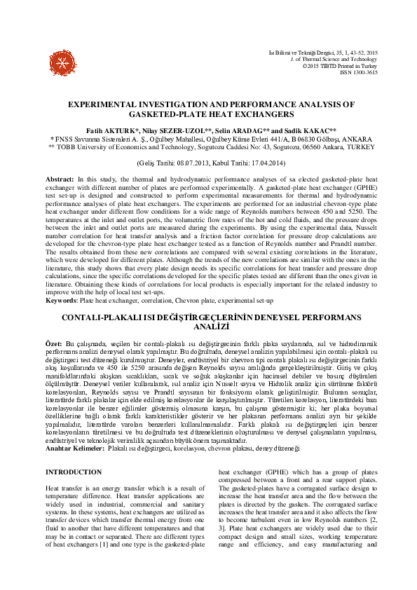 (PDF) Experimental Investigation and Performance Analysis of Gasketed-Plate Heat Exchangers