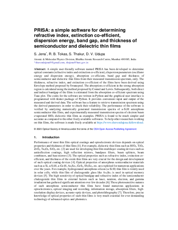 (PDF) PRISA: a user-friendly software for determining refractive index, extinction co-efficient ...