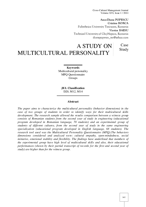 (PDF) Anca-Diana POPESCU A STUDY ON MULTICULTURAL PERSONALITY Case ...