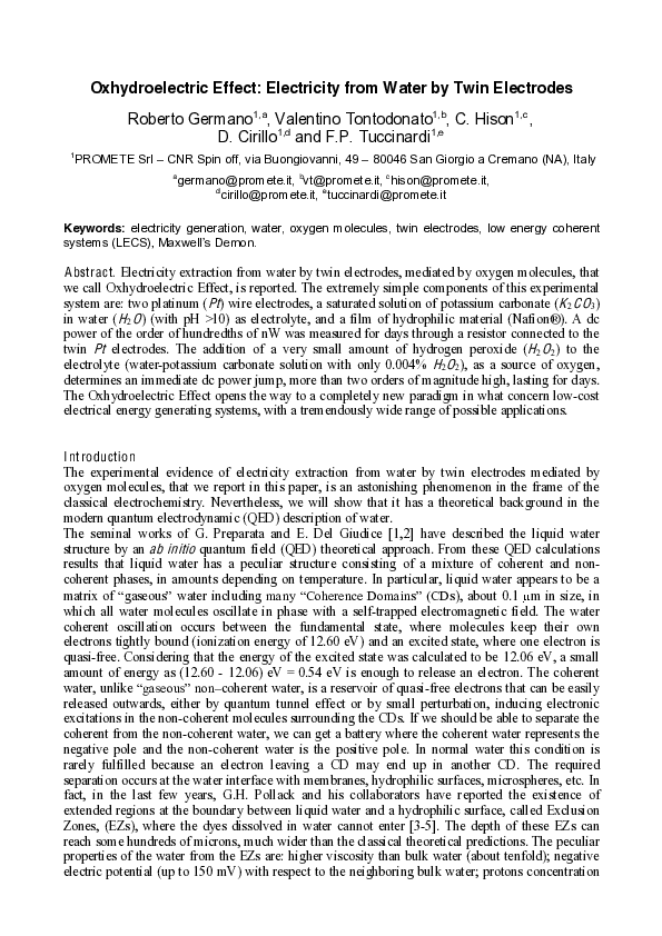 (PDF) Oxhydroelectric Effect: Electricity from Water by Twin Electrodes