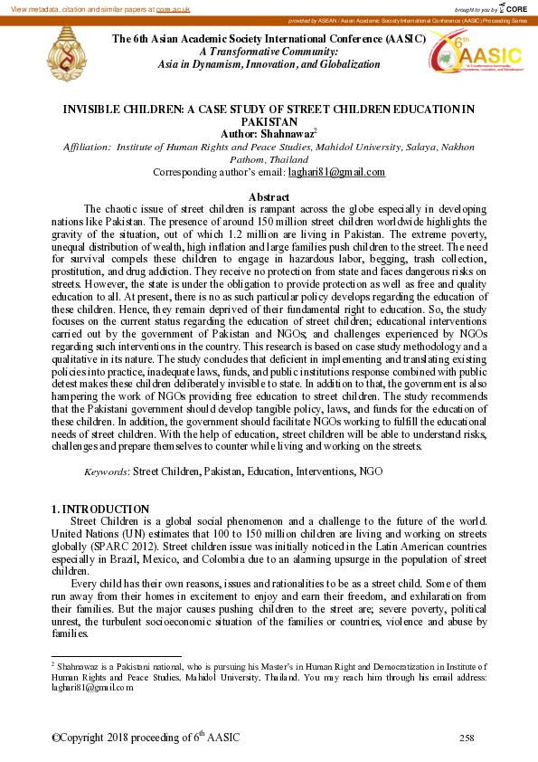 (PDF) INVISIBLE CHILDREN: A CASE STUDY OF STREET CHILDREN EDUCATION IN PAKISTAN
