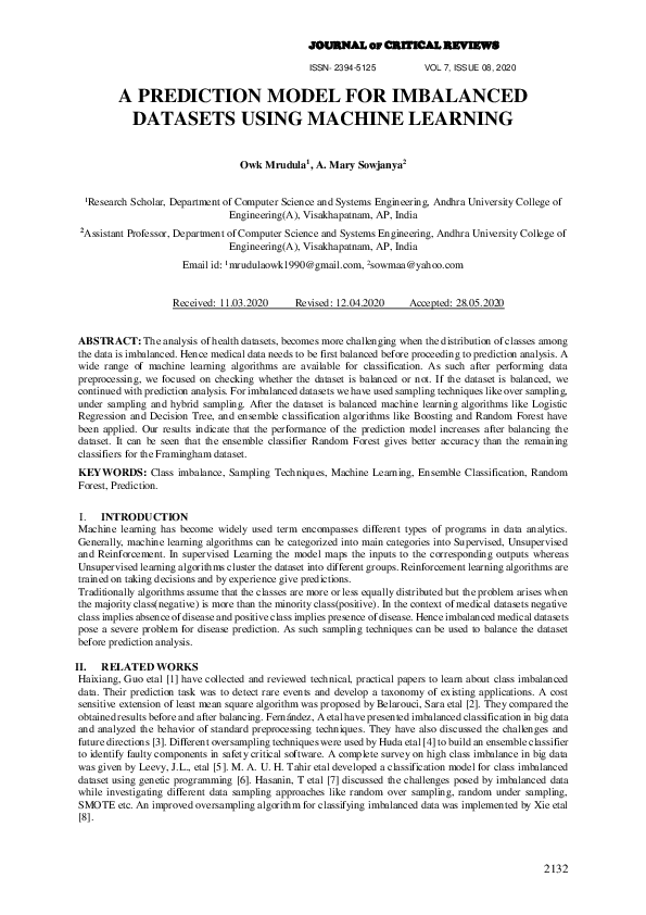(PDF) A Prediction Model for Imbalanced Datasets Using Machine Learning