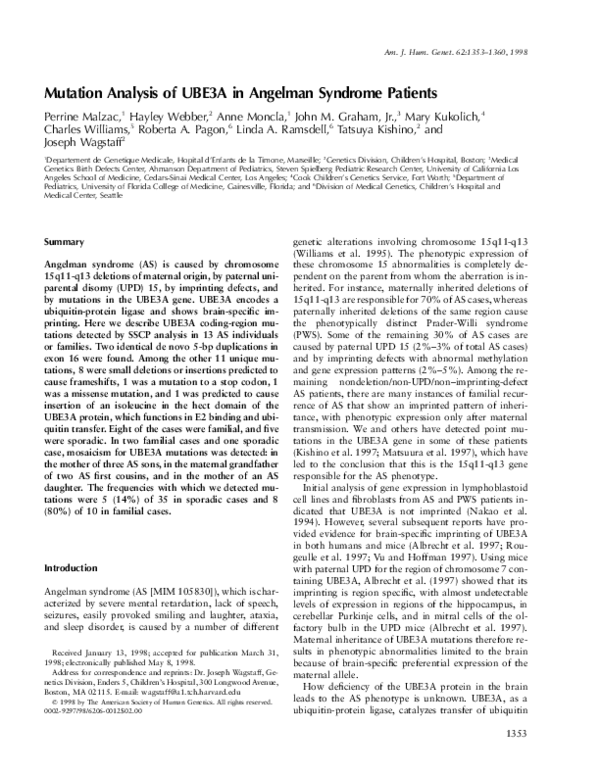 (PDF) Mutation Analysis of UBE3A in Angelman Syndrome Patients